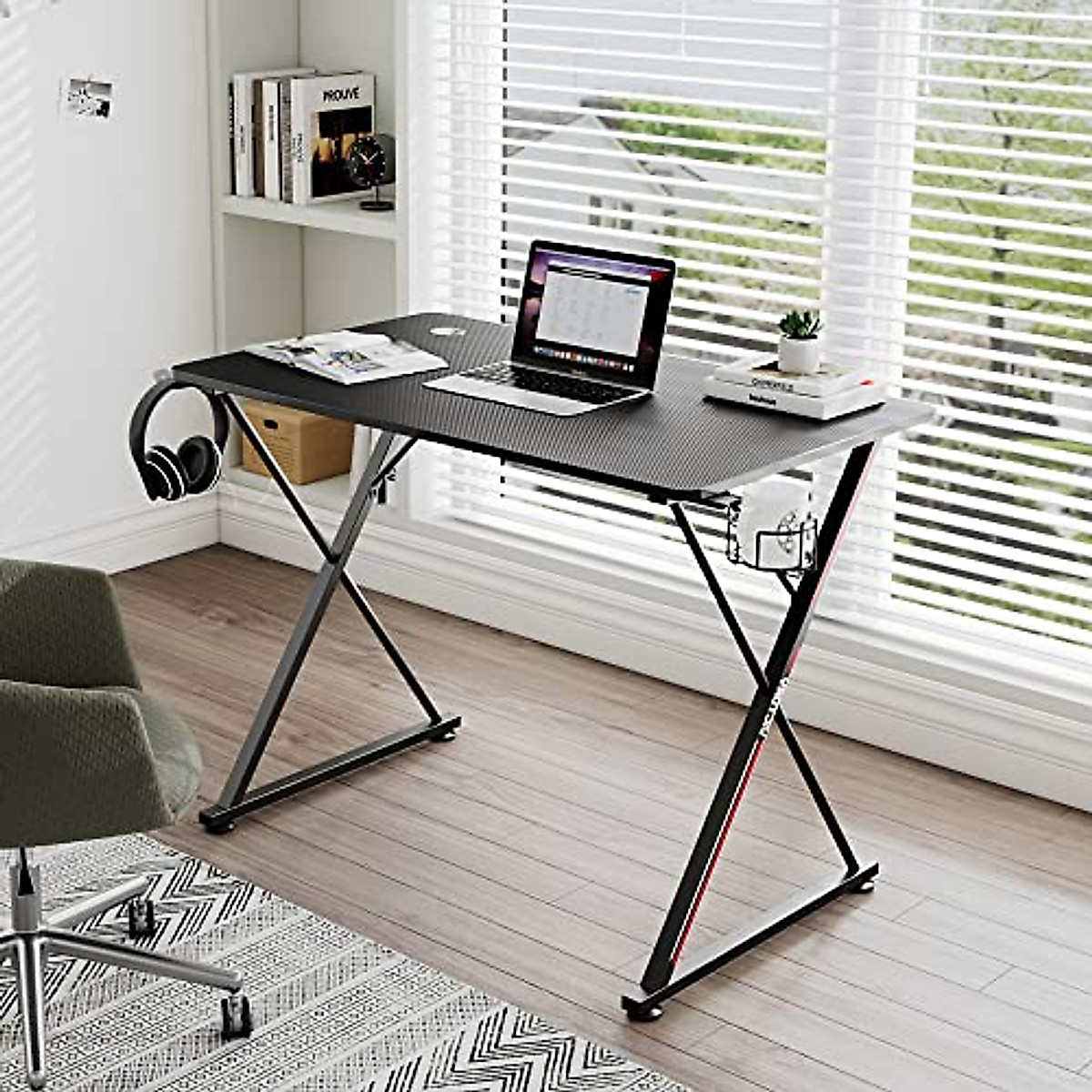 EE EUREKA ERGONOMIC Gaming Desk 39 inch, Small Gaming Table for Kids, Gift Idea, PC Computer Desk,Home Office Desk Workstation with Carbon Fiber Surface,Gamer Desk with Headphone Hook and Cup Holder