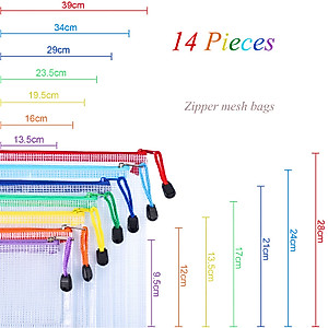 14 Pieces Waterproof Zipper Bags Mesh Bags Zipper Document Pouches for Travel Cosmetic Offices, 7 Sizes (7 Colors)