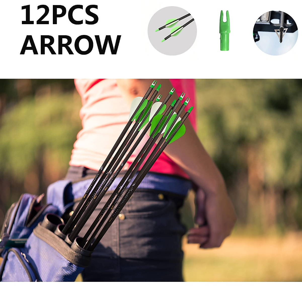 Zhao.Fu 29 Inch Carbon Arrow Practice Hunting Arrows Spine 400 with Removable Tips for Archery Compound & Recurve & Traditional Bow (12 Pcs)