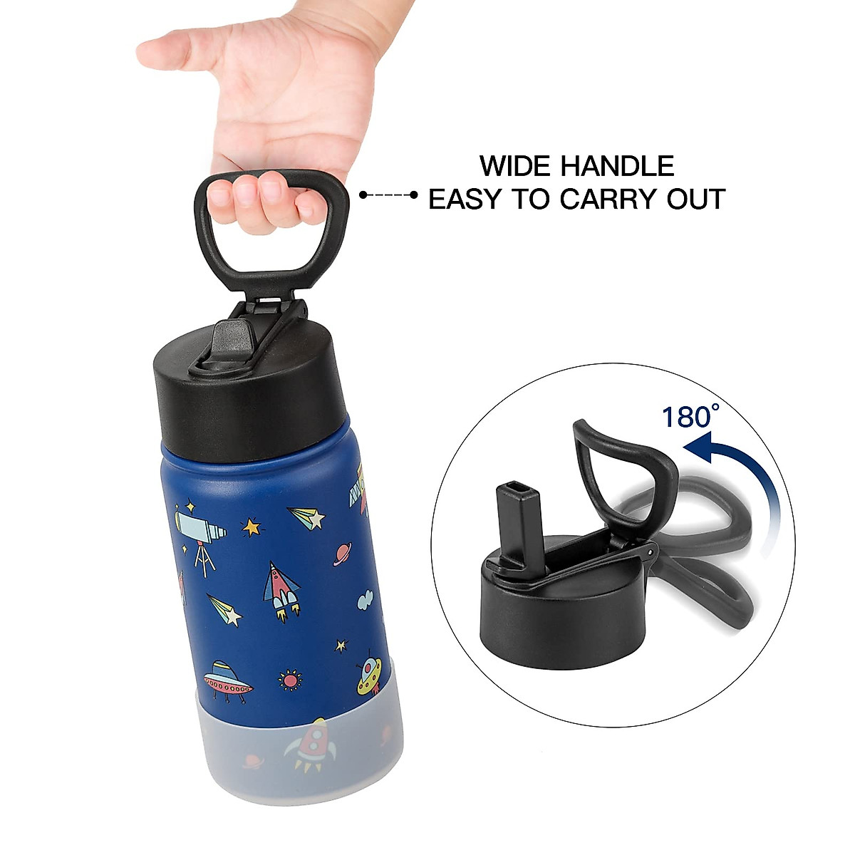 SEMOZOZO Water Bottle with Straw, Kids Water Bottle with Wide Rotating Handle Straw Lid, Wide Mouth Vacuum Insulated Stainless Steel Water Bottle for school ，The blue spaceship