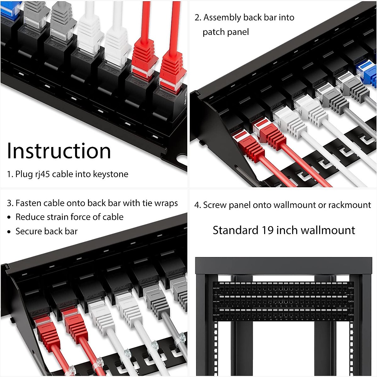 iwillink 10Gbps Patch Panel 24 Port, RJ45 Through Coupler Cat6 Patch Panel UTP 19-Inch 1U with Back Bar, Wallmount or Rackmount, Compatible with Cat5, Cat5e, Cat6 Cabling