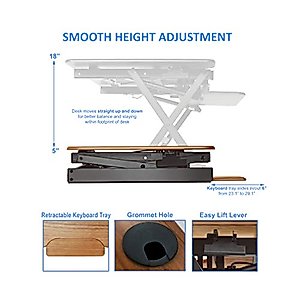 Rocelco 32" Height Adjustable Standing Desk Converter - Sit Stand Computer Workstation Riser - Dual Monitor Retractable Keyboard Tray Gas Spring Assist - Teak Wood Grain (R EADRT)