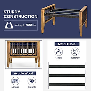 HAPPYGRILL 2 Pieces Outdoor Patio Ottomans, Acacia Wood Outdoor Footstools with Removable Cushions, Multifunctional Outdoor Wicker Footrest, Additional Sating, Navy