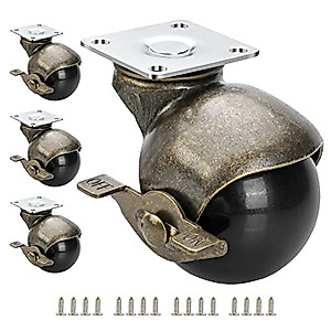 JGJC Casters Set of 4, Antique Brass Casters with Brake, 2 Inch Ball Castor Wheels for Furniture Casters Vintage Wheels Heavy Duty, Table Caster with 360 Degree Swivel Top Plate