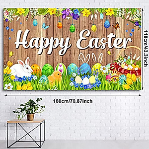 Happy Easter Decorations Easter Backdrops Photography Banner Bunny Grassland Rustic Wood Background Eggs Banner for Jesus Easter Spring Party Decorations, 70.8 x 43.3 Inch