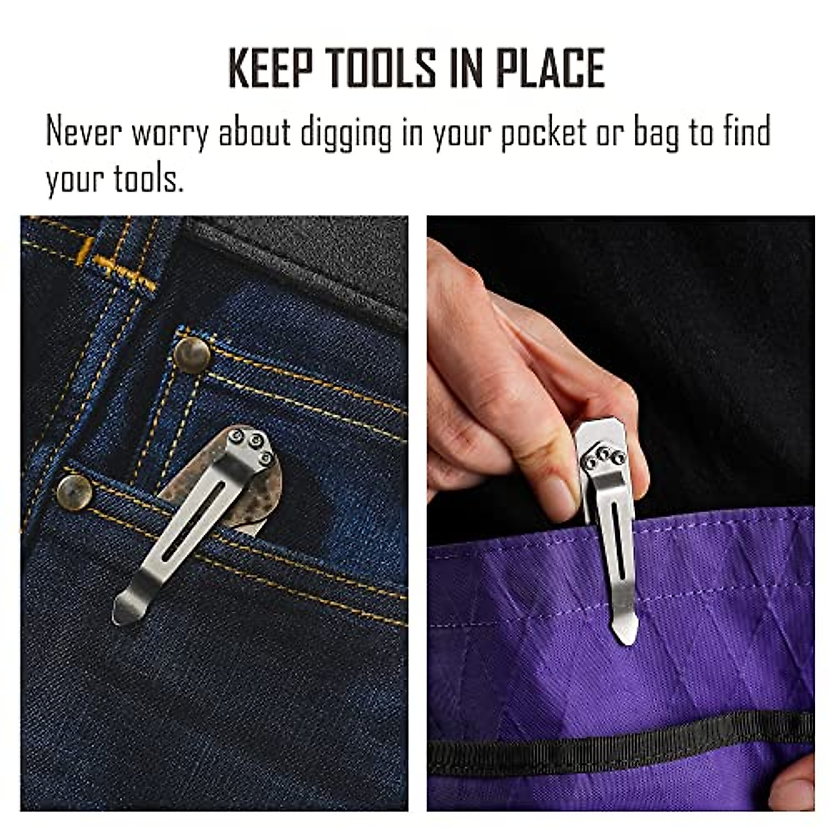 KeyUnity KA23 Deep Carry Pocket Clip, 3 Hole Pocket Clip Replacement for Knife & Multitool, Stainless Steel, Pack of 3