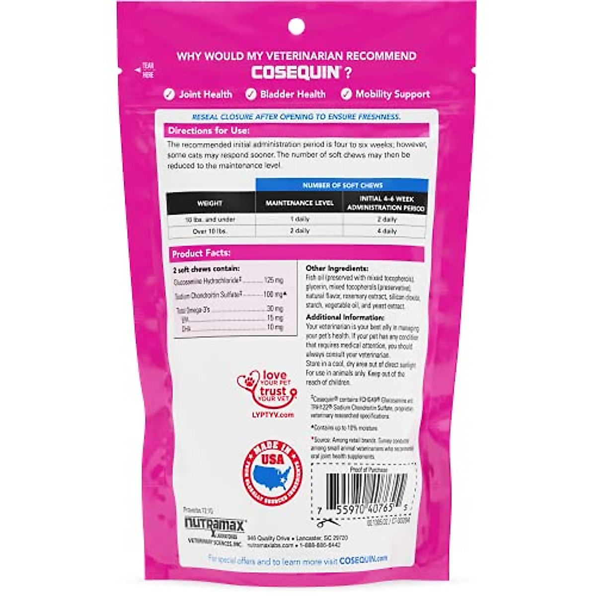 Nutramax Cosequin Joint Health Supplement for Cats - With Glucosamine, Chondroitin, and Omega-3, 60 Soft Chews