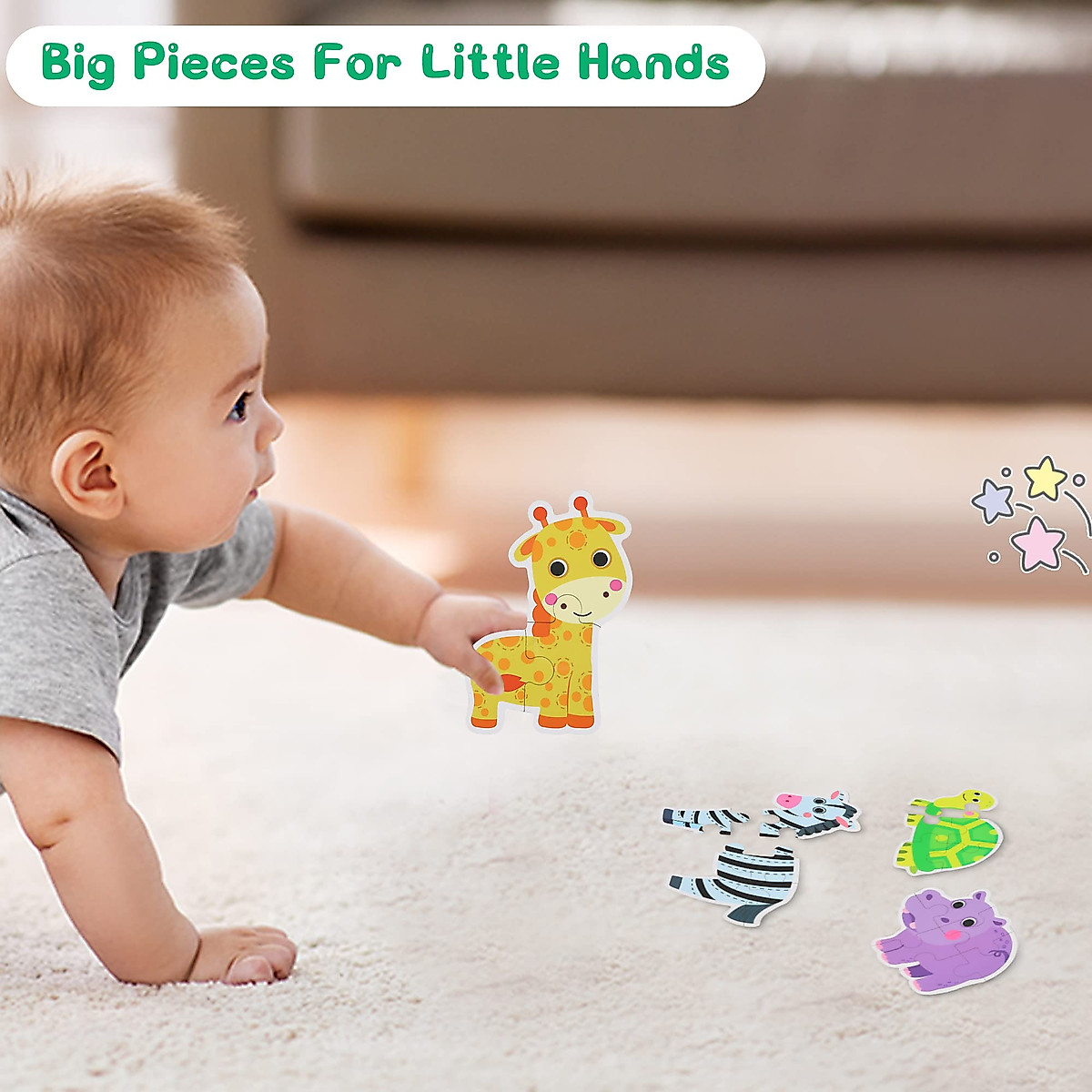 FLYINGSEEDS 6 Packs Safari Animals Shaped Wooden Jigsaw Puzzles for Toddlers Ages 1-3, Level-up Puzzles for Beginner, Montessori Learning Toys Preschool Educational Activity for Kids Ages 2-5