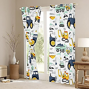 Kids Construction Curtains for Boys,Cartoon Car Excavator Tractor Blackout Curtains 104Wx84L,Cute Equipment Trucks Curtains & Drapes for Toddler Teen Room Decor Yellow Blue Vehicle Window Curtains
