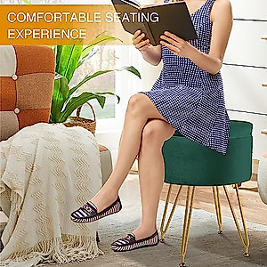 ECOMEX Velvet Round Ottoman with Storage, Golden Metal Legs, Coffee Table Tray Cover Footstool Makeup Vanity Stool Modern Furniture for Living Room Bedroom, Green