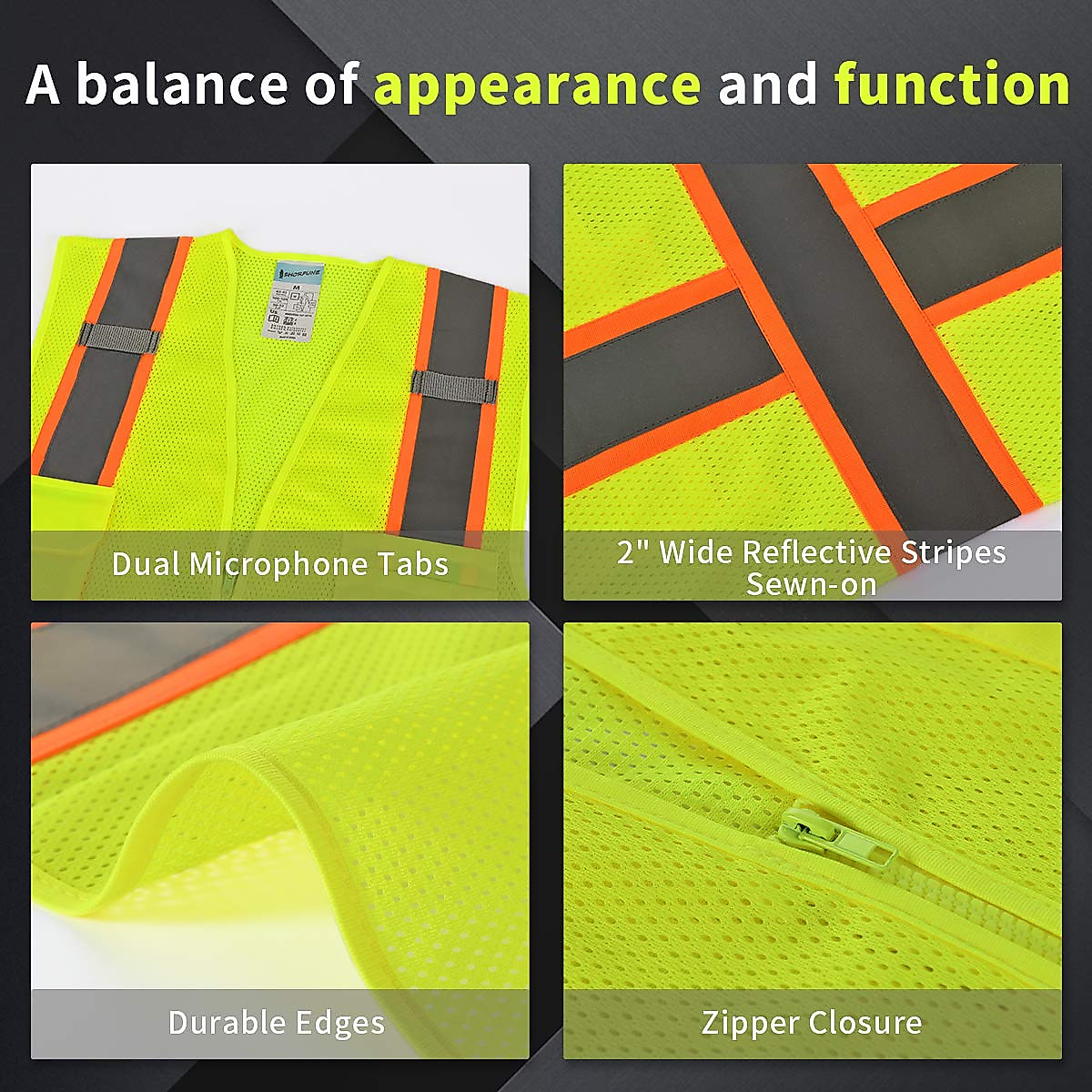 SHORFUNE High Visibility Safety Vest with 10 Pockets, Mic Tabs, Zipper and Reflective Strips, Reflective Construction Vest for Men and Women, ANSI/ISEA Standards, Yellow, M