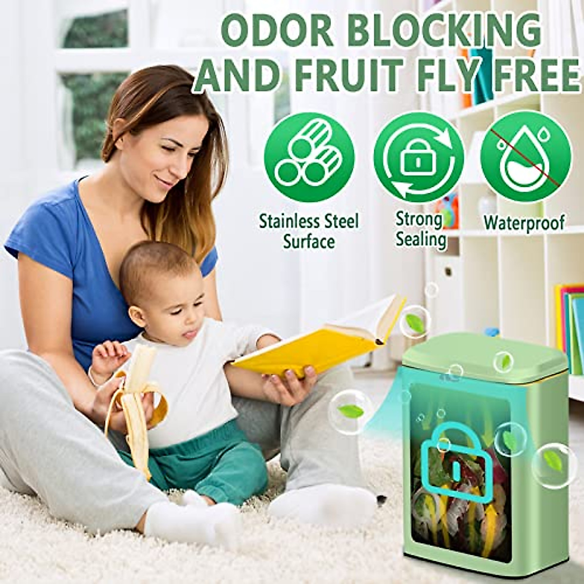 WAYCOM 2.1 Gal Compost Bin Kitchen for Counter Top or Under Sink,Compost Bin Stainless Steel Hanging Compost Bin with Lid for Cupboard/Bathroom/Bedroom/Office,Indoor Compost Bucket