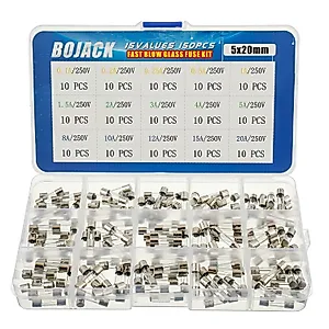 BOJACK 15 Values 150 pcs Fast Blow Glass Fuses Assortment Kit 5x20 mm 250 V 0.1 0.2 0.25 0.5 1 1.5 2 3 4 5 8 10 12 15 20 A packag in a Clear Plastic Box