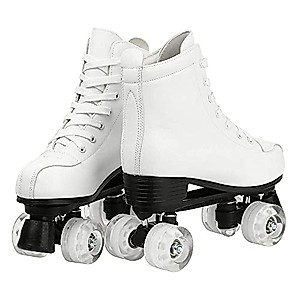 PHSDA Women's Roller Skates PU Leather High-top Roller Skates Four-Wheel Roller Skates Shiny Roller Skates for Unisex Kids and Adults (White Flash,270/us 8)