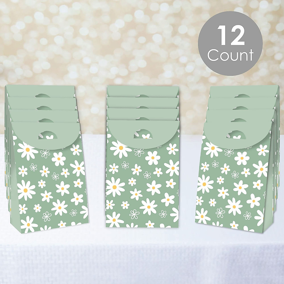 Big Dot of Happiness Sage Green Daisy Flowers - Floral Gift Favor Bags - Party Goodie Boxes - Set of 12