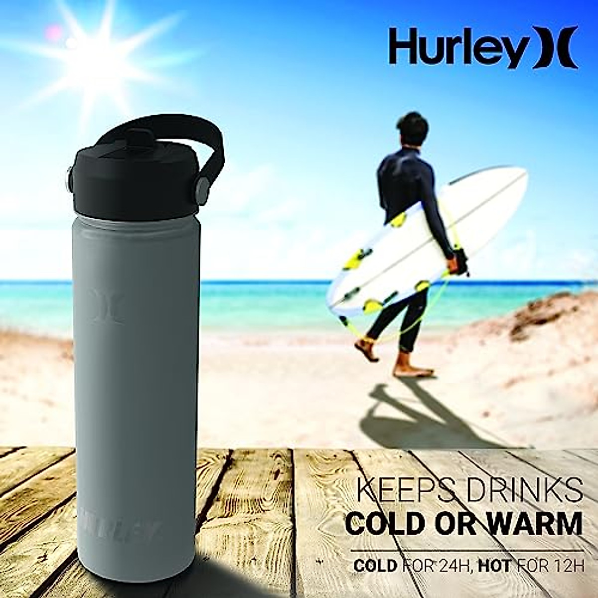 Hurley Insulated Water Bottle - 20 Oz Stainless Steel Water Bottle, Travel Water Bottle for Sports & Outdoor Activities - Insulated Bottle for Cold & Hot Drinks, Flip Open Straw Lid, Aloha Black
