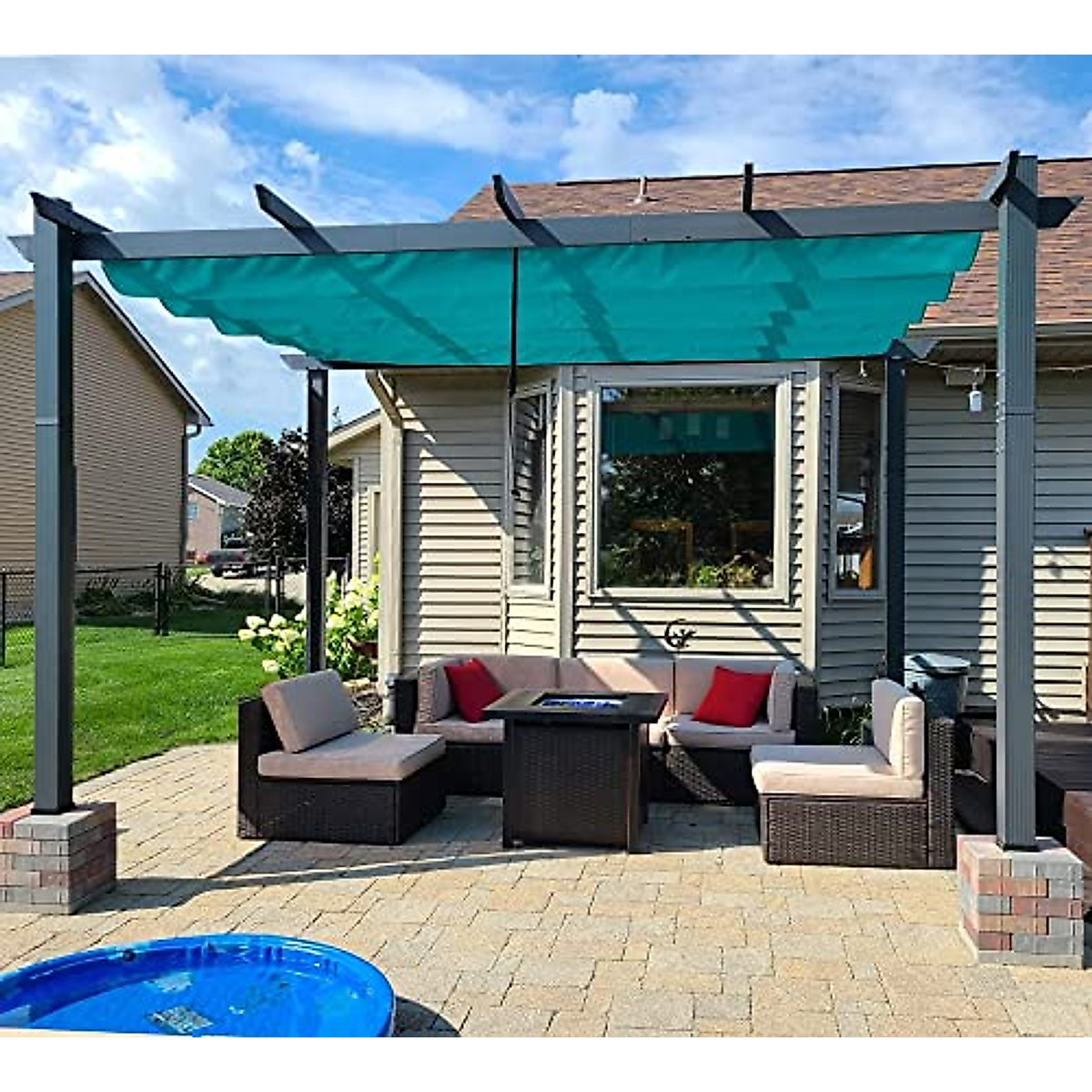 PURPLE LEAF 10' X 13' Outdoor Retractable Pergola with Sun Shade Canopy Patio Metal Shelter for Garden Porch Beach Pavilion Grill Gazebo Modern Yard Grape Trellis Pergola, Turquoise Blue
