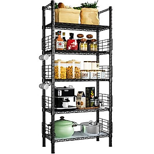 FUTASSI 5 Tiers Standing Shelf Units, Free-Standing Metal Narrow Bookshelf and Bookcase, Metal Storage Shelves for Garage, Kitchen, Bathroom, Balcony and Living Room, 21.2”W x 9.4”D x 59.2”H, Black