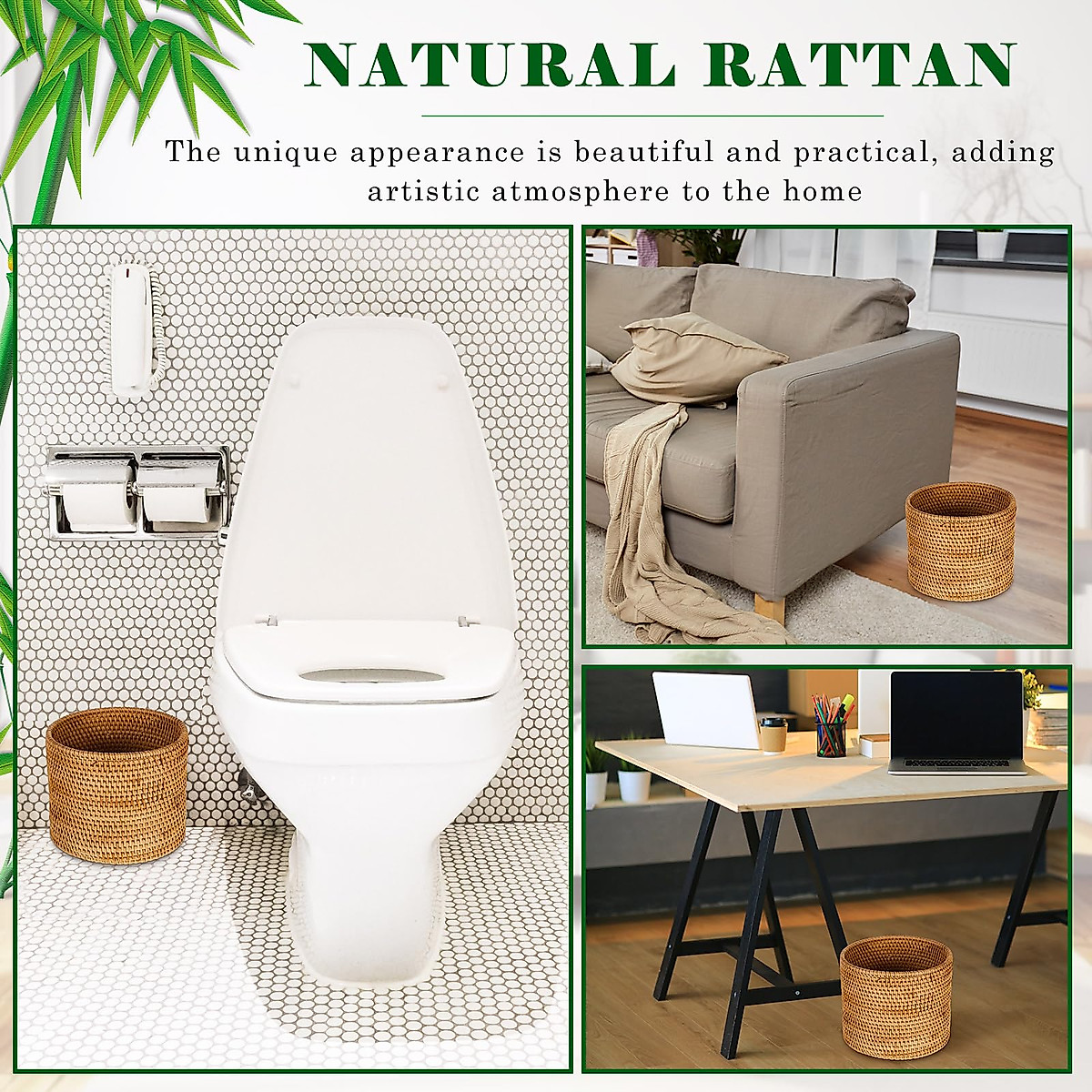 Ziliny 2 Pcs Small Waste Basket for Bathroom Woven Rattan Trash Can Handmade Woven Trash Can Cylinder Rustic Round Natural Wastebasket for Garbage Home Bedroom Kitchen Storage Office Desktop Essential