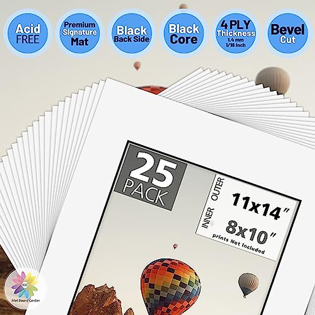 MBC Mat Board Center, Pack of 25, 11x14 White Picture Mats with Black Core Bevel Cut for 8x10 Photos