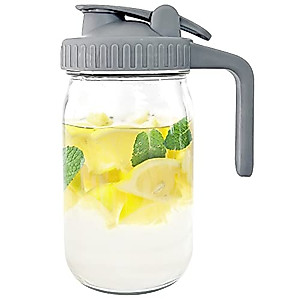 Mason Jar Pitcher with Pour Spout Handle Lid, 32 oz Thick Glass Jug for Cold Brew Coffee, Ice Beverage, Iced Juice, Lemonade, Sun Tea, Fruit Drinks Container