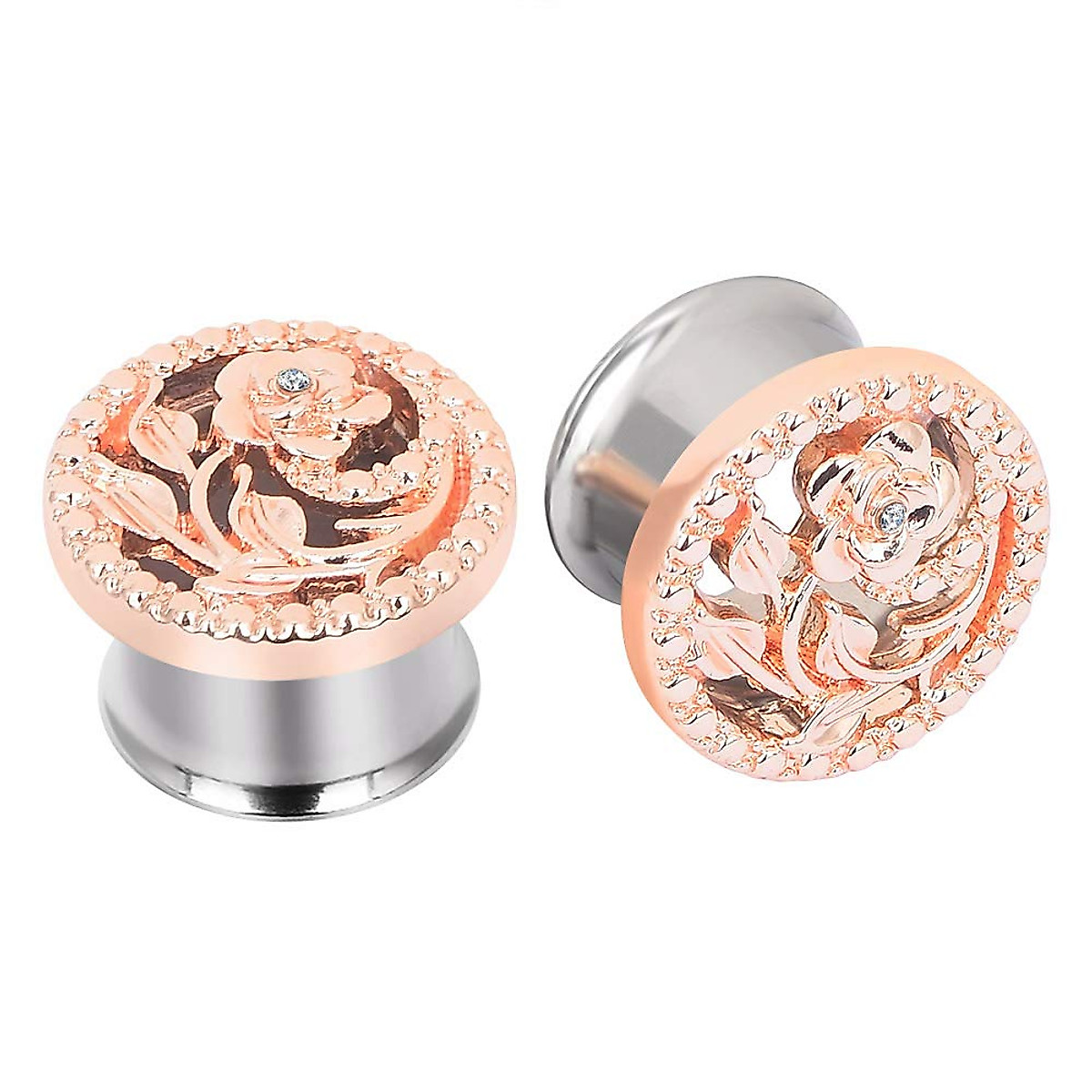 Stuppendux Stainless Steel Gold Diamond Rose Double Flared Flesh Ear Tunnels Plugs Stretcher Expander Kit Gauge 0g 8mm
