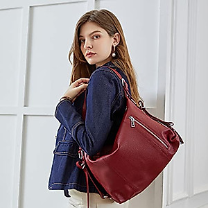 HESHE Leather Purses for Women Shoulder Hobo Purses Ladies Handbags Tote Top Handle Bags Crossbody Bag(Wine)