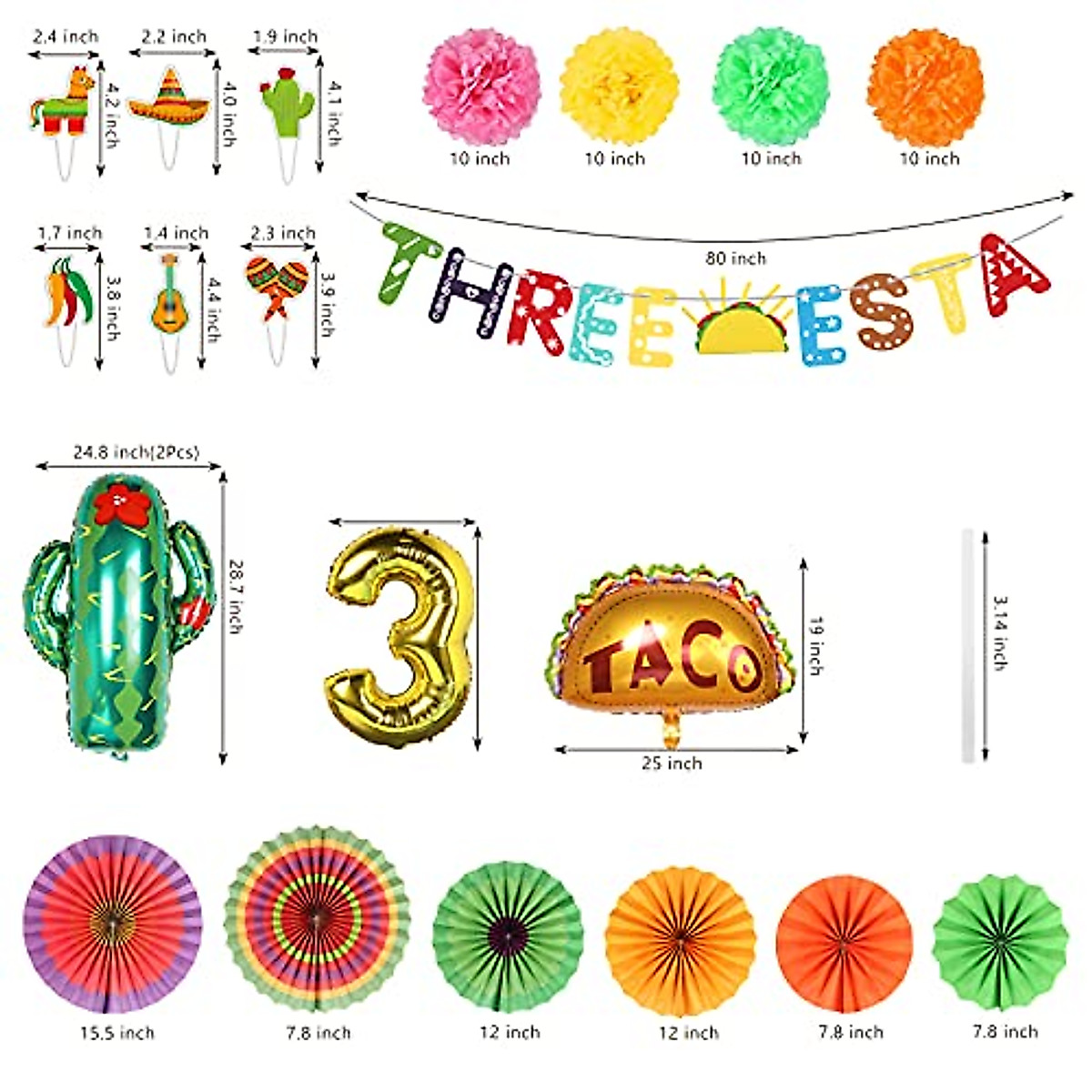 Mexican Third Birthday Party Decoration, Three-Esta Party Fiesta Decorations, 3rd Birth Cinco De Mayo Mexican Themed Taco Party Decorations with Fiesta Paper Fans and Tissue Pom Paper Flowers for Baby