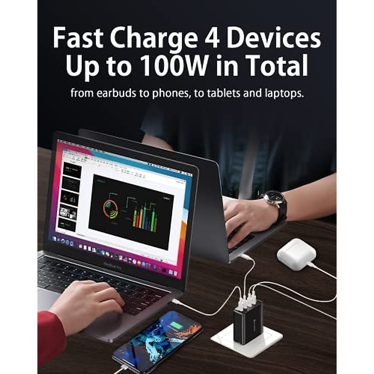 Hyphen-X 100W USB C Charger, GaN Fast Type C PD Charging Station for MacBook Pro Air 16in 14in 2021 13inch 2022, iPhone 14 13 Pro, iPad Pro Air, Galaxy, XPS, USB-C Laptops and More(Black)