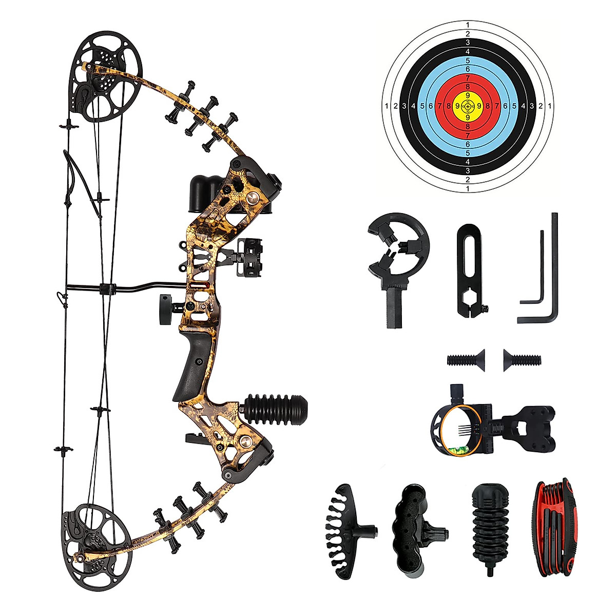 WUXLISTY Youth Compound Bow Set 15-45 Lbs for Teens and Beginner, Package with Archery Hunting Equipment, 5 Pin Sight, Max Speed 320fps, Adjustable, Right Hand, Snake Camo