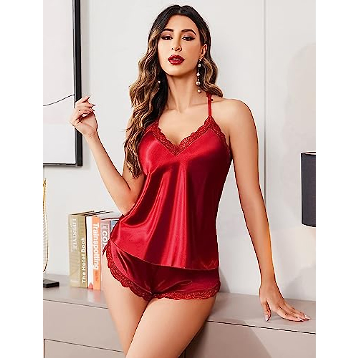 Avidlove Pajamas Womens Sexy Lingerie Satin Sleepwear Cami Shorts Set Nightwear Wine Red Small