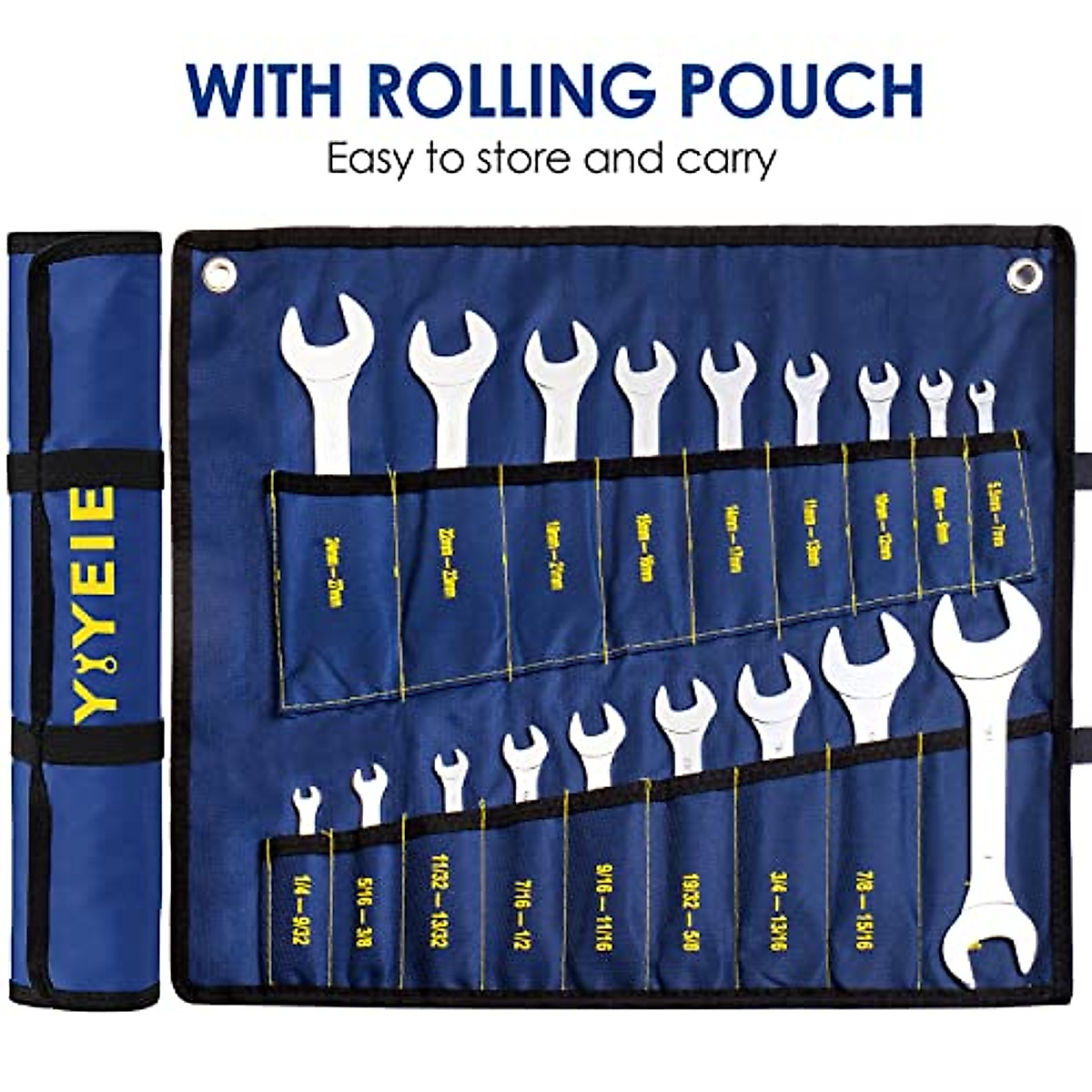 YIYEIE 18pcs Super-Thin Open End Wrench Set, Metric & SAE, 5.5mm to 27mm, 1/4" to 1-1/16", CR-V Steel with Mirror Finish, Ultra-Slim Wrench Set with Rolling Pouch