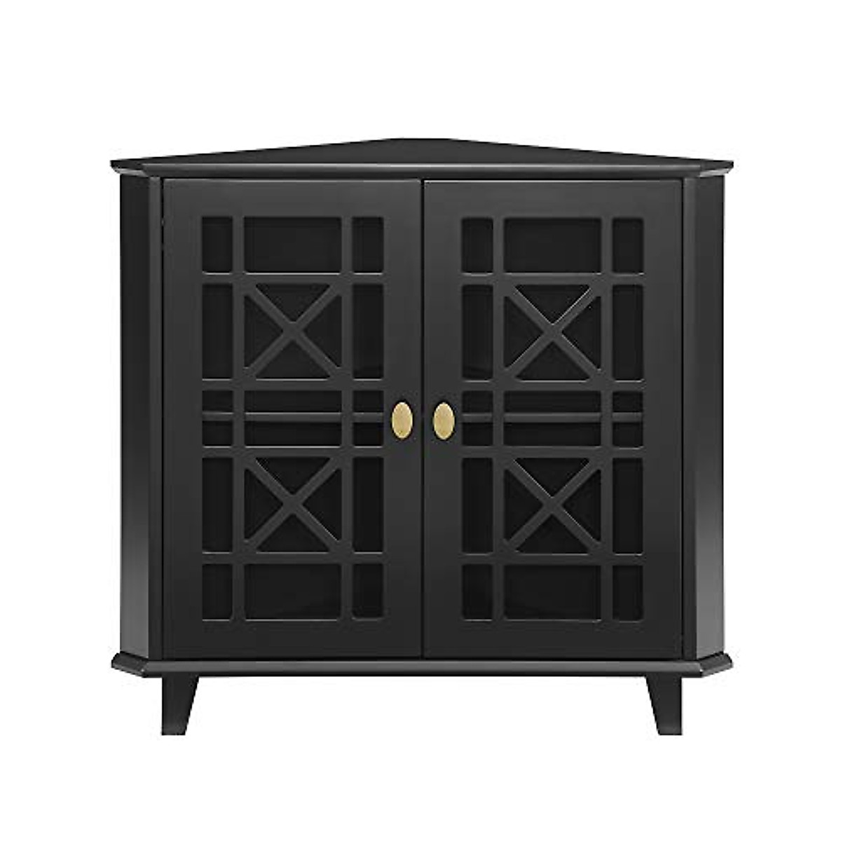 Walker Edison Ronne 2 Door Corner Accent Table with Fretwork Detail, 32 Inch, Black