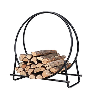 PHI VILLA 30 Inch Log Hoop Firewood Rack Curved Fireplace Wood Storage Holder Wood Stove Accessories,Indoor/Outdoor Heavy Duty Iron Black