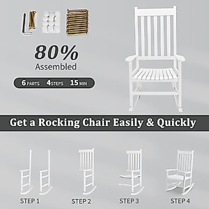 Outvita Outdoor Rocking Chair, Solid Wood High Back Rocker, All Weather Lounge Chair for Porch Patio Fire Pit Garden Backyard Deck Indoor, White