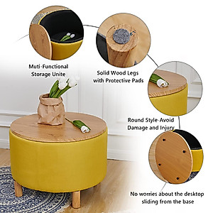 Simple&Opulence Modern Round Storage Coffee Table Ottoman for Living Room Bedroom, Accent Drum Side Table, Nightstand, Footstool, Sofa End Table with Wood Lid Tray and Solid Wood Legs (Yellow)