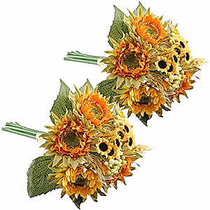 HO2NLE 2 Bundles Artificial Sunflowers Bundle Silk Plants Faux Wedding Bride Bouquet Indoor Outdoor Fall Flower Table Centerpieces Arrangements Decorations