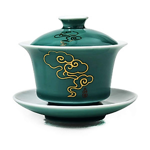 Porcelain Gaiwan 5oz /150ml Teacup White Glazed Classical Chinese Auspicious Clouds Tea Cup Tureen Sancai Cover Bowl Lid Cup Saucer Set (Green)