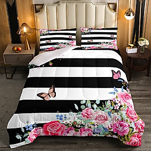 Erosebridal Pink Floral Comforter Set King Size Rose Flower Bedding Set for Kids Girls Bedroom Decor,Black and White Stripes Pattern Quilted Duvet,Modern Floral Butterfly Bed Sets 3 Piece Soft