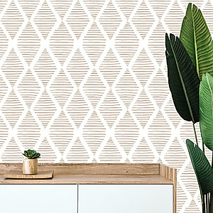 Yun-aeon 17.7" X 120" White and Beige Stripe Peel and Stick Wallpaper Modern Diamond Contact Paper Geometric Removable Wallpaper Self Adhesive Wall Paper for Bedroom Drawers Cabinets Decor Vinyl