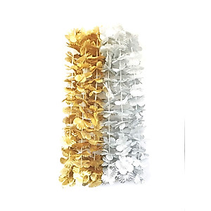 LITTLE FEATHER Hawaiian Flower Lei Luau Party Graduation Leis Metallic Gold and Silver Pack of 6