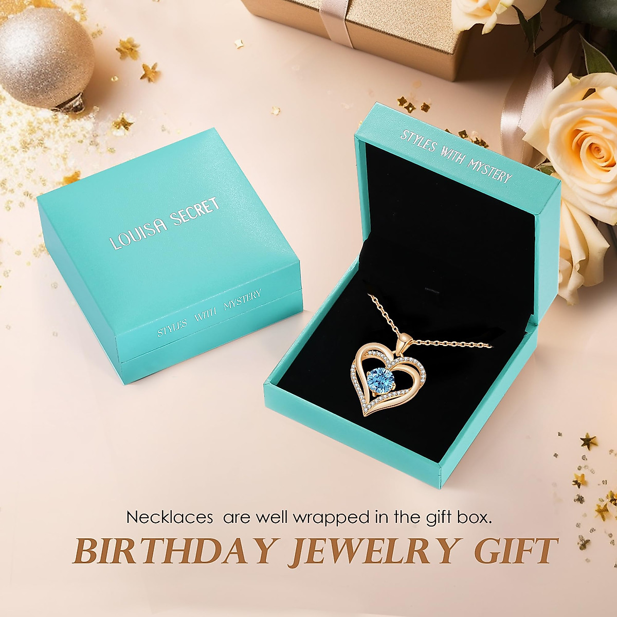 LOUISA SECRET Love Heart Birthstone Necklaces for Women 925 Sterling Silver Pendant Necklace Birthday Mother's Day Jewelry Gift for Women Sister Wife Girlfriend Her, Sterling Silver, crystlal
