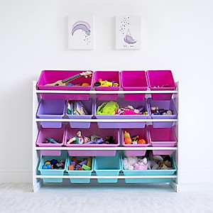 Humble Crew White Table/Pastel Chairs Kids Plastic 4 Set & White/Blue/Pink/Purple Extra-Large Toy Organizer, 16 Storage Bins