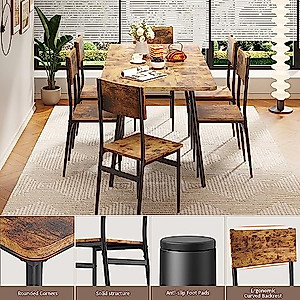 Qsun 7-Piece 63" Dining Table Set for 4-6 People, Extendable Kitchen Table Set with 6 Chairs, Dining Room Table with Metal Frame and Solid MDF Wood Board for Kitchen, Rustic Brown