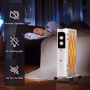 GOFLAME 1500W Oil Filled Radiator Heater, Electric Space Heater with 3 Heating Modes, Adjustable Thermostat, Tip-Over & Overheat Protection, Powerful Oil Heater for Home and Office, White