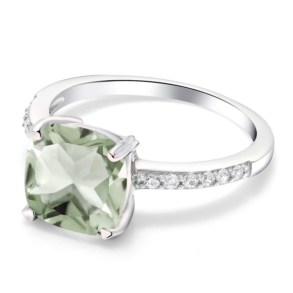 Gem Stone King 2.17 Cttw Green Prasiolite Engagement Ring For Women In 925 Sterling Silver | Cushion Cut 8MM | Gemstone Birthstone | Available in Size 5, 6, 7, 8, 9