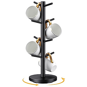 Coffee Mug Holder Tree, Upgraded 360° Rotated Coffee Cup Holder for Counter, Wood Coffee Mug Tree, Coffee Mug Rack with 8 Hooks, Coffee Mug Organizer Station, Mug Stand Coffee Bar Accessories, Black