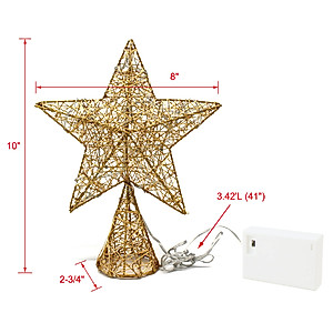 CVHOMEDECO. Gold Tree Top Star with Warm White LED Lights and Timer for Christmas Ornaments and Holiday Seasonal Décor, 8 x 10 Inch