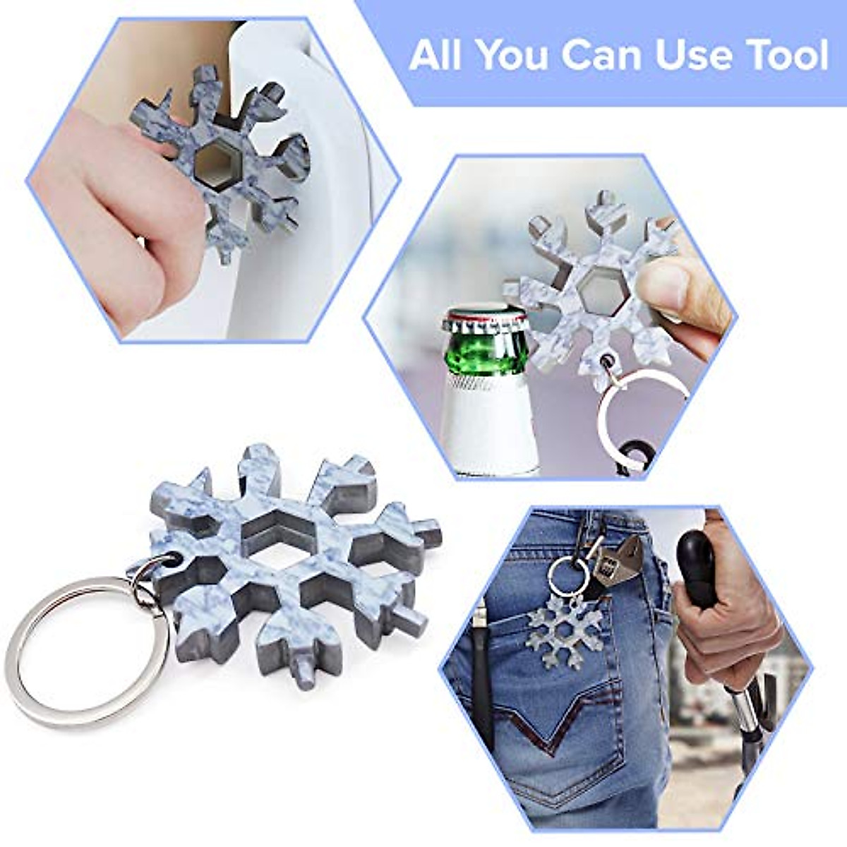 KALID’S Snowflake Multitool- Portable Stainless Steel 18 in 1 Tool For Bottle Opener, Screwdriver, Outdoor Travel, Camping, Gift - Snowflake Multi Tool (Blue Marble)