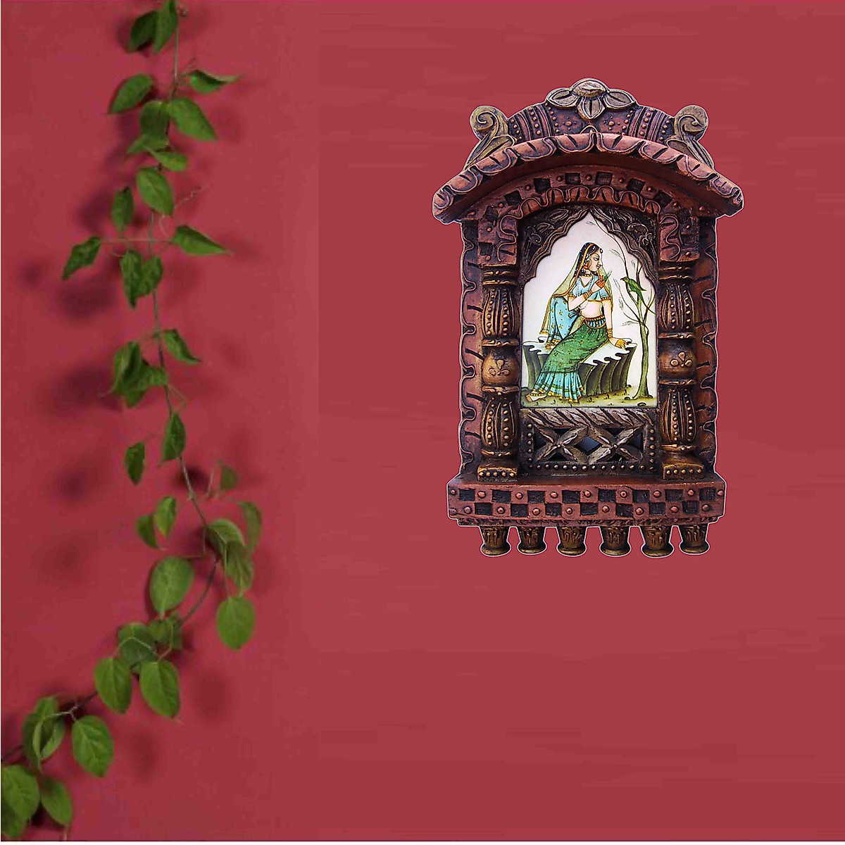 SANVIKA Lady Enjoying with Parrot, Rajasthani Traditional Jarokha Wood Jharokha elegant and Decorative Wood Craft for Home Decor and Gifts